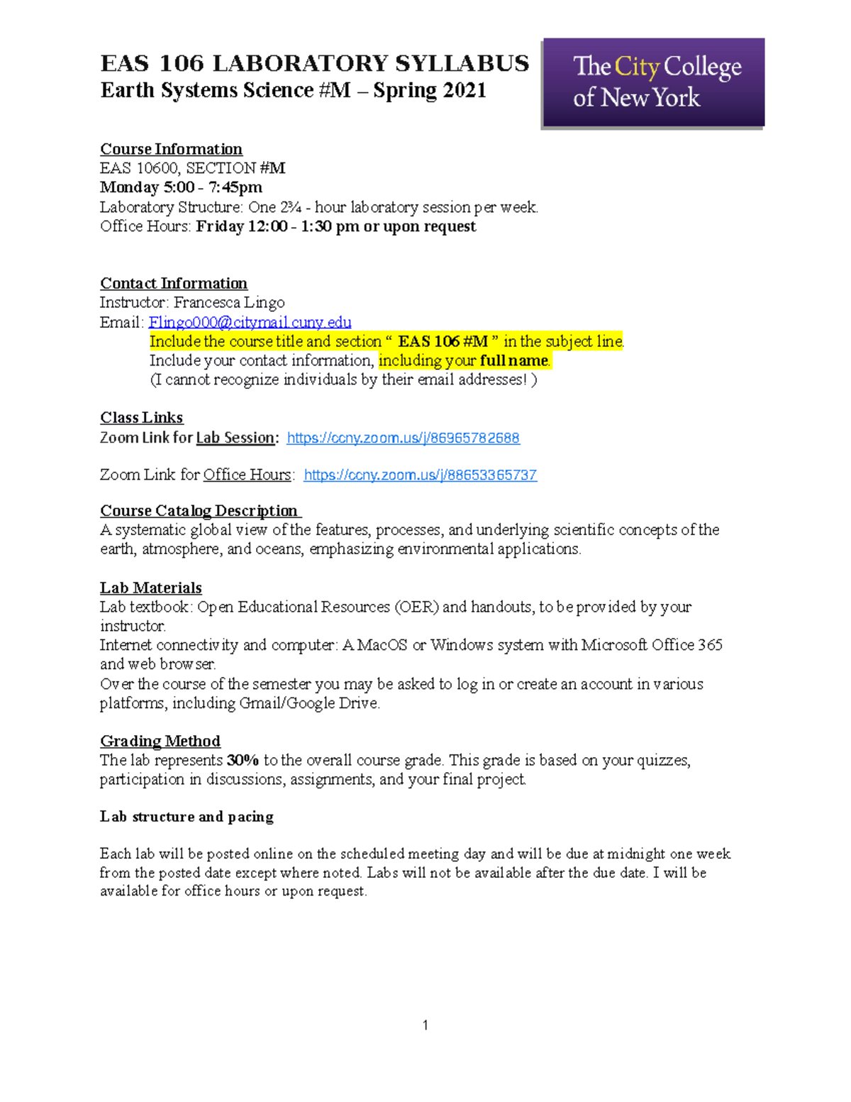EAS 10600 Lab Syllabus M - EAS 106 LABORATORY SYLLABUS Earth Systems ...