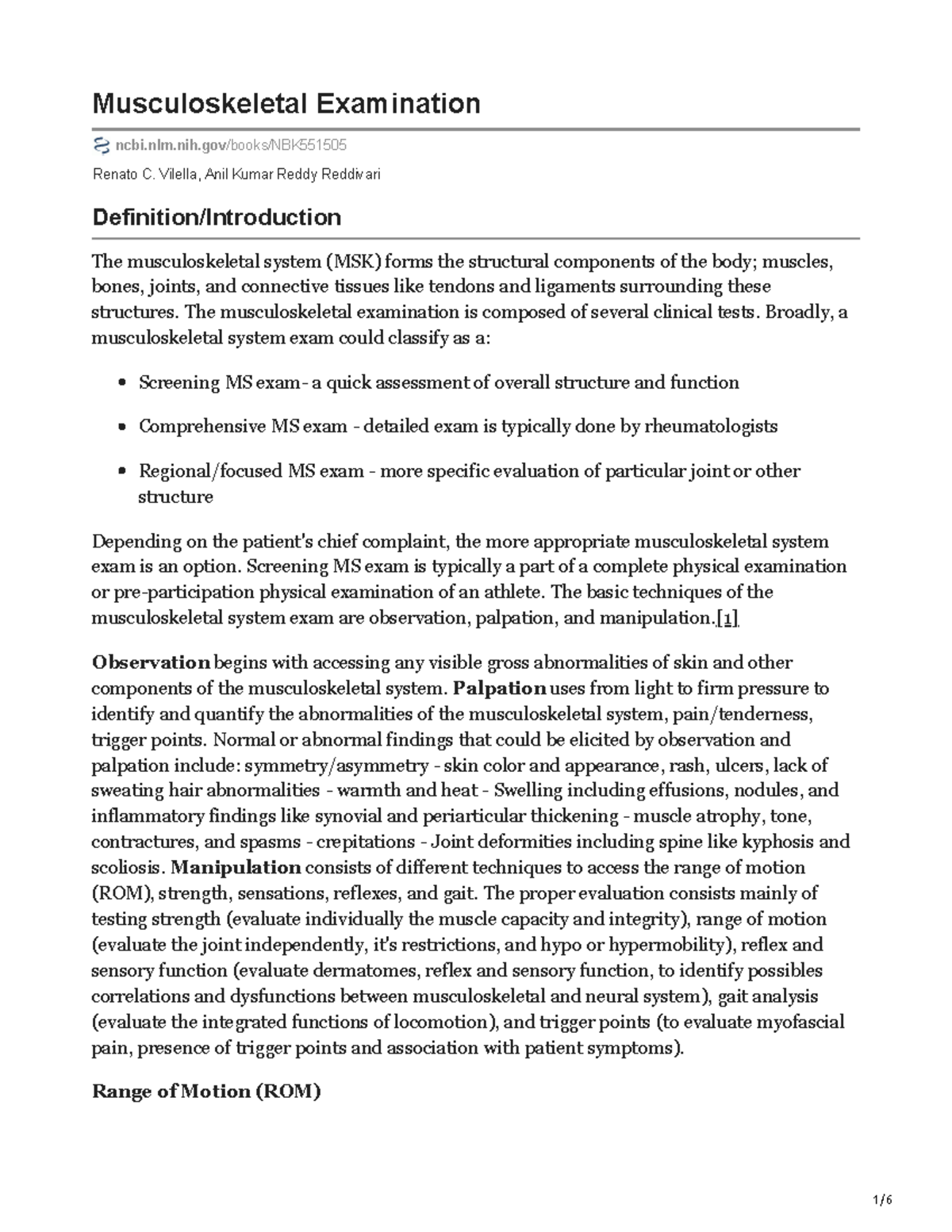 Ncbi.nlm.nih.gov-Musculoskeletal Examination - Hh/Nurs 2544 - Yorku ...