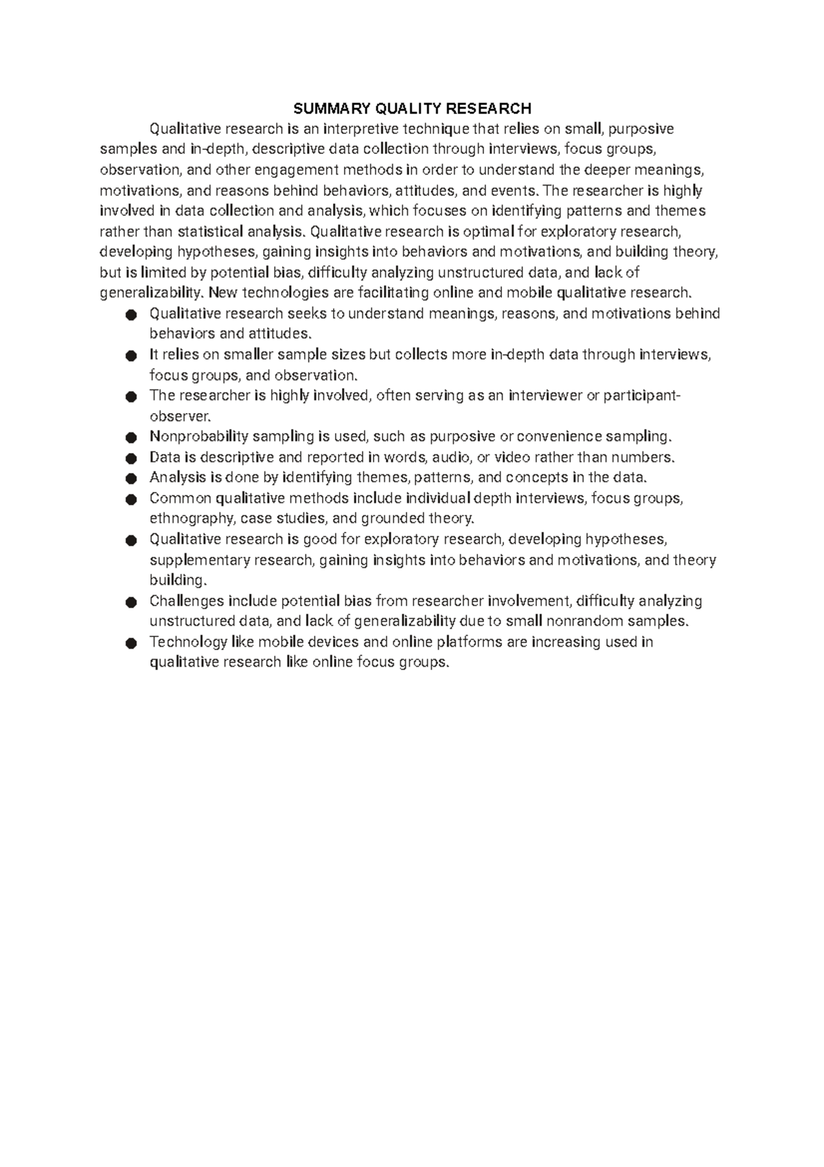 Summary Quality Research - SUMMARY QUALITY RESEARCH Qualitative ...