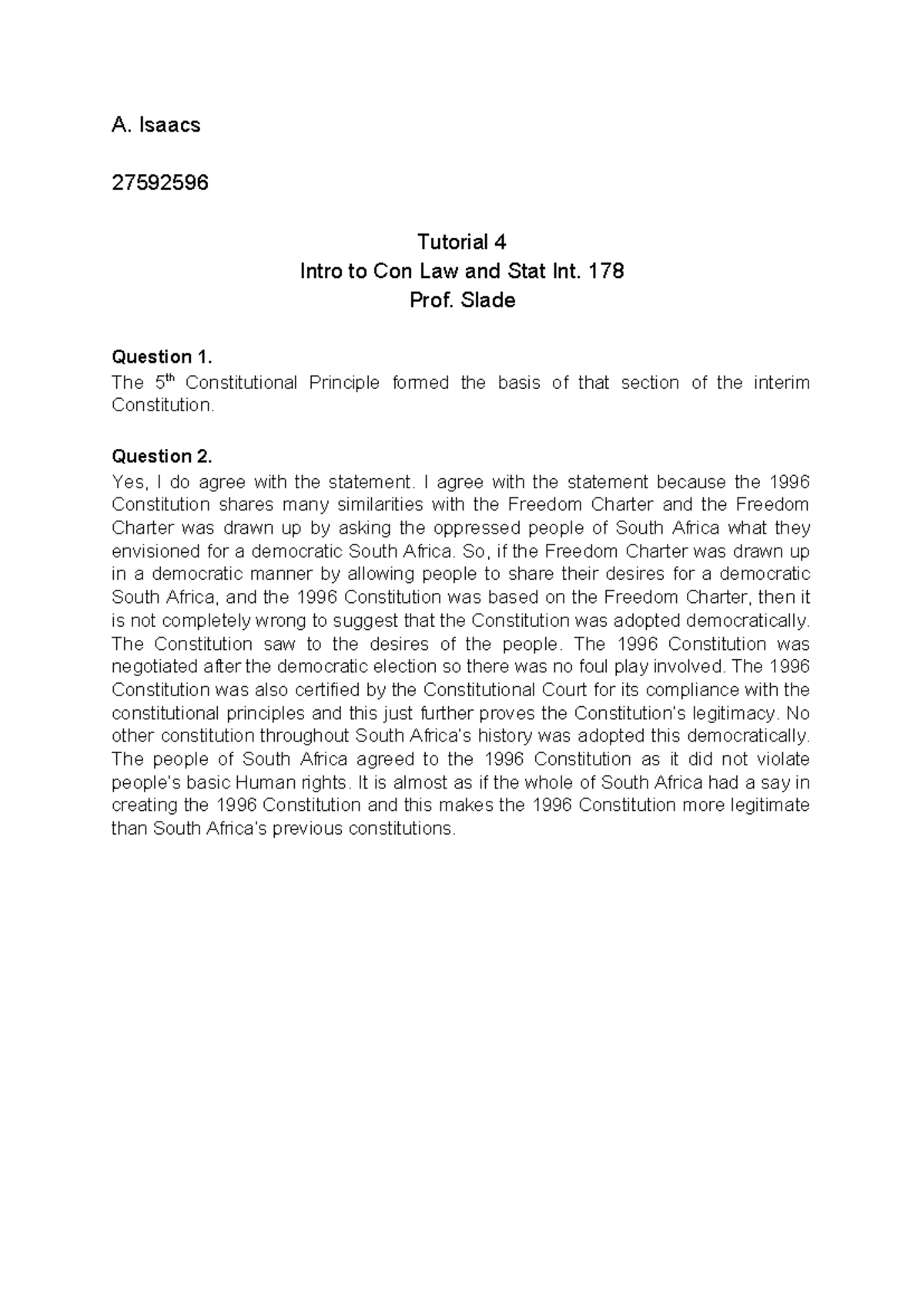 Intro to con law tut 4 - A. Isaacs 27592596 Tutorial 4 Intro to Con Law ...