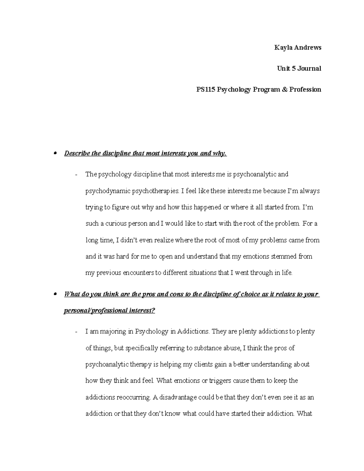 Psych Prog Unit 5 Journal - Kayla Andrews Unit 5 Journal PS115 ...
