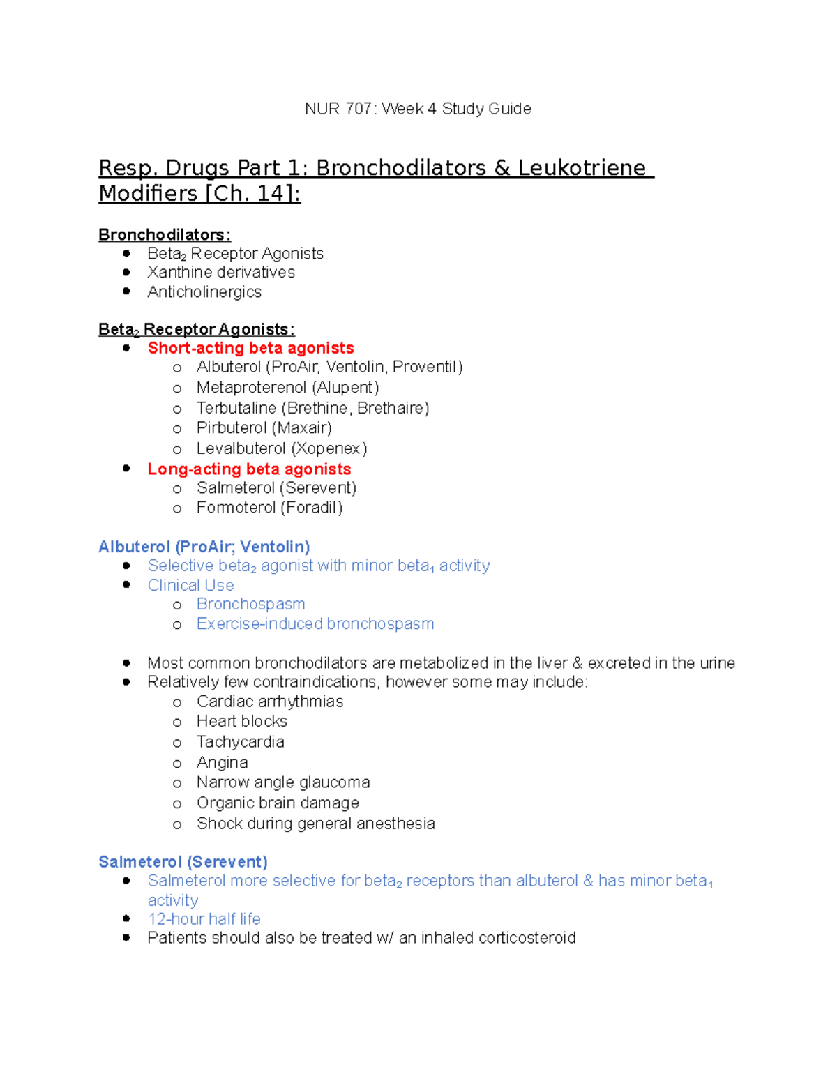 NUR 707 Week 4 Study Guide [Resp] - NUR 707: Week 4 Study Guide Resp. Drugs Part 1 ...