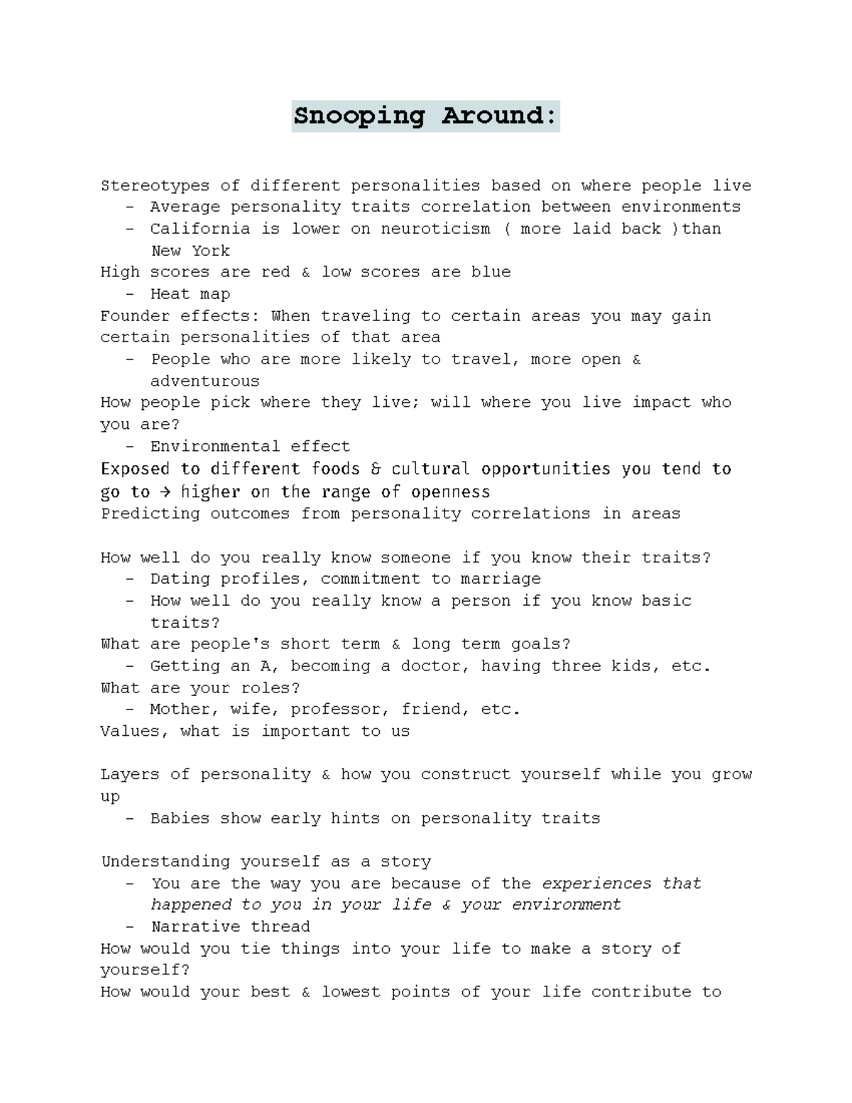 Snooping Around - Summary - Snooping Around: Stereotypes of different ...
