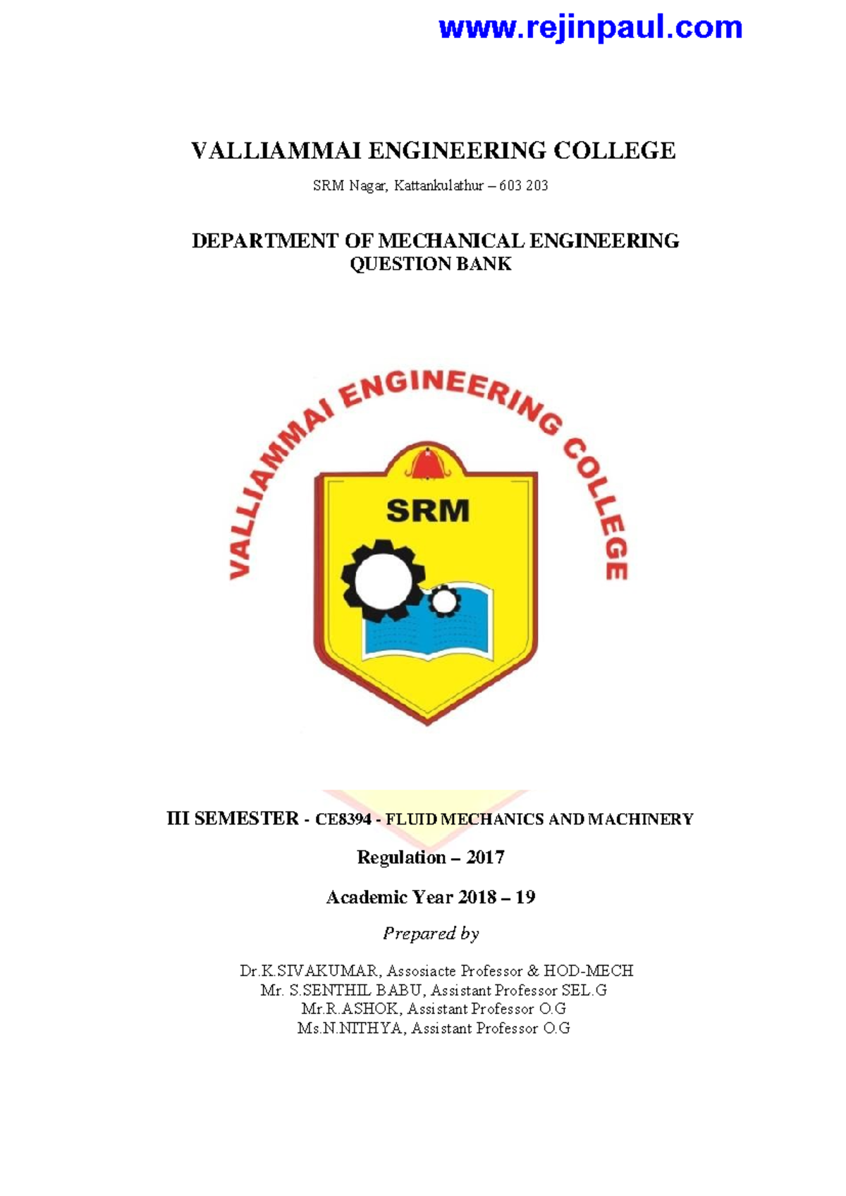 CE8394-Fluid Mechanics and Machinery - VALLIAMMAI ENGINEERING COLLEGE ...