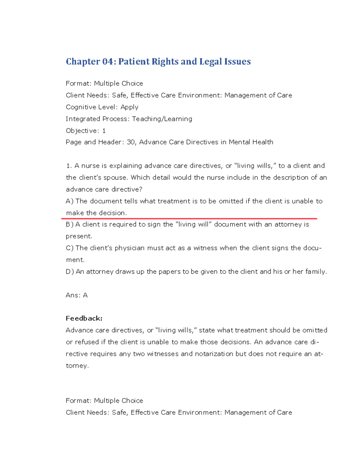 Boyd7e TG Chapter 04 - Mental health - Chapter 04: Patient Rights and ...