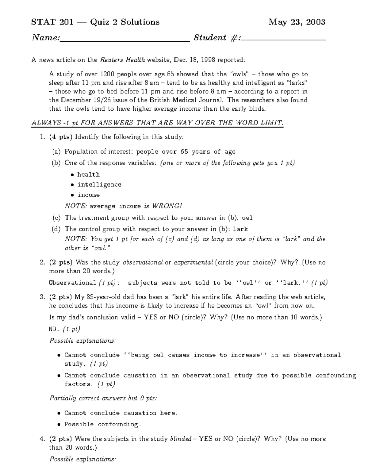 Quiz 2 2017, questions and answers - STAT 201 — Quiz 2 Solutions May 23 ...