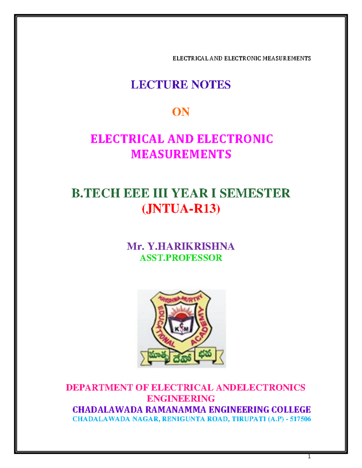 EEM lecture notes - ELECTRICAL AND ELECTRONIC MEASUREMENTS 1 LECTURE ...