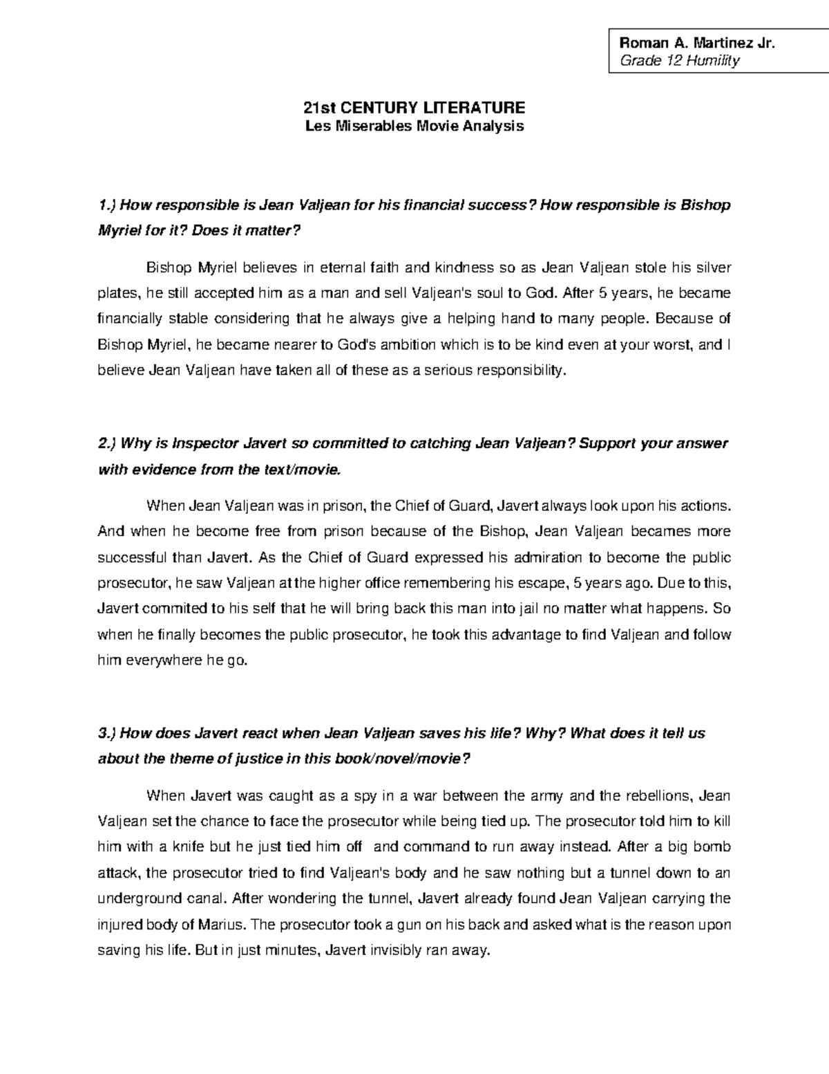 Les Miserables Movie Analysis - Roman A. Martinez Jr. Grade 12 Humility ...
