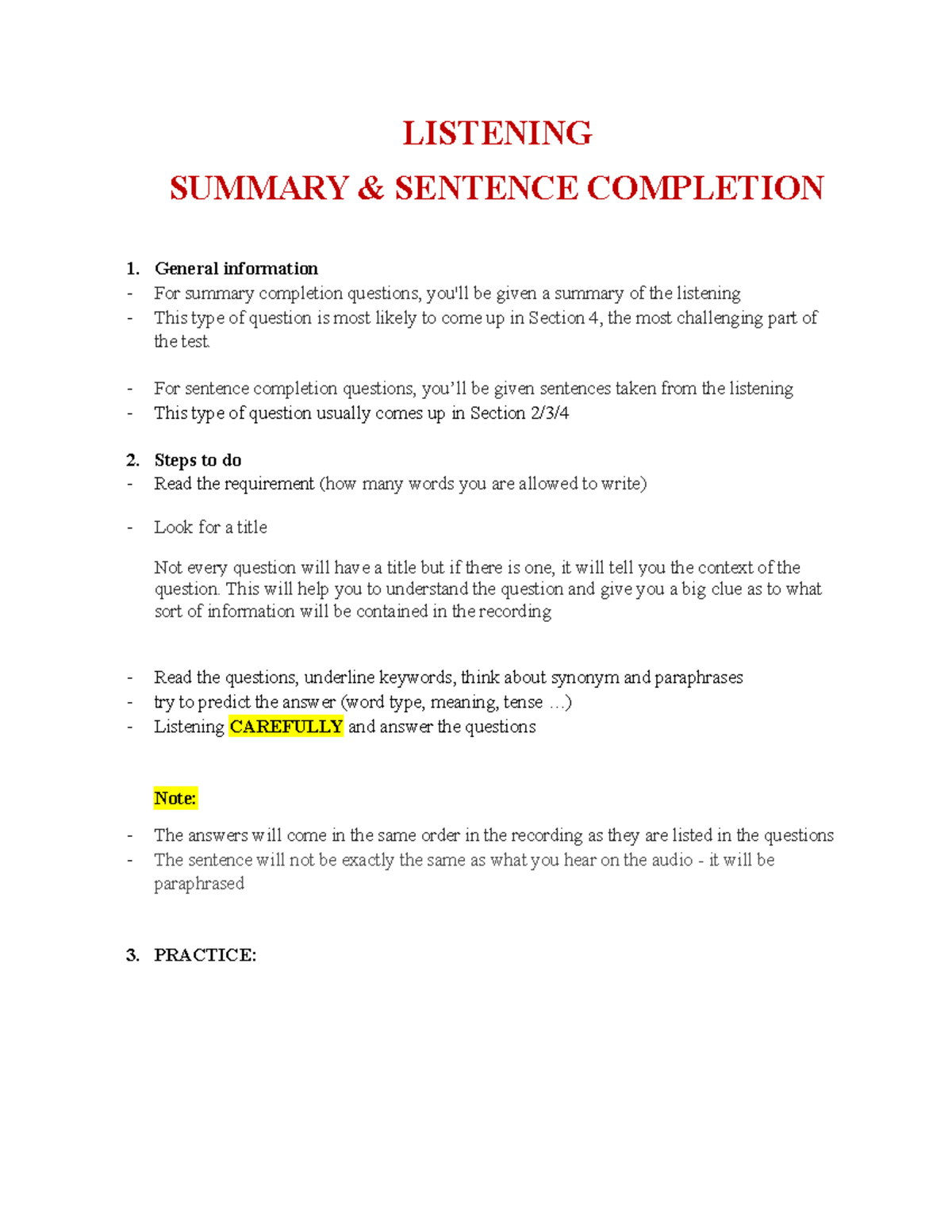 Listening-Sentence-Summary - LISTENING SUMMARY & SENTENCE COMPLETION ...