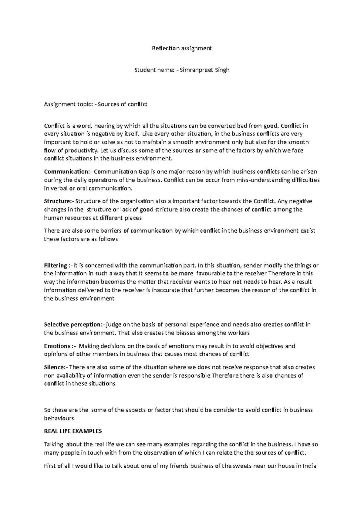 Reflection assignment copy - Reflection assignment Student name: - Simranpreet Singh Assignment ...