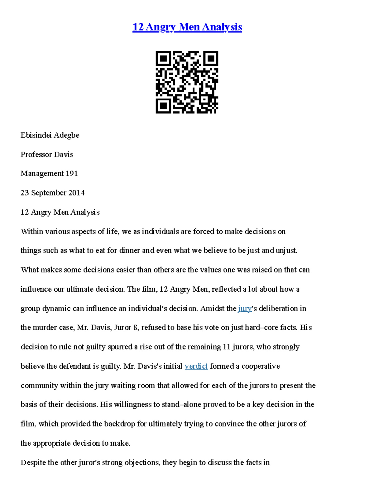 12 Angry Men Analysis Essay - 12 Angry Men Analysis Ebisindei Adegbe ...