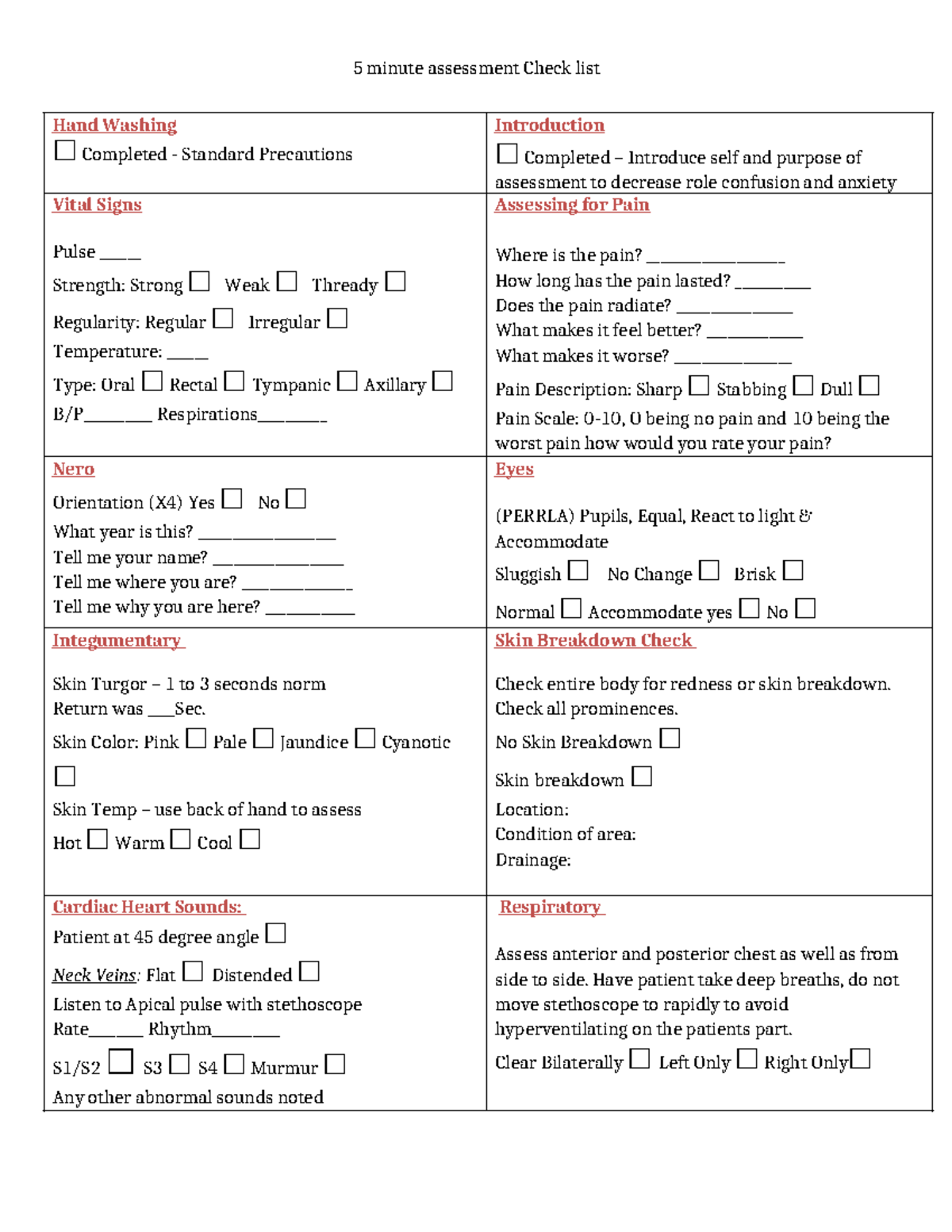 5 Minute Assessment Sheet (1) - 5 minute assessment Check list Hand ...