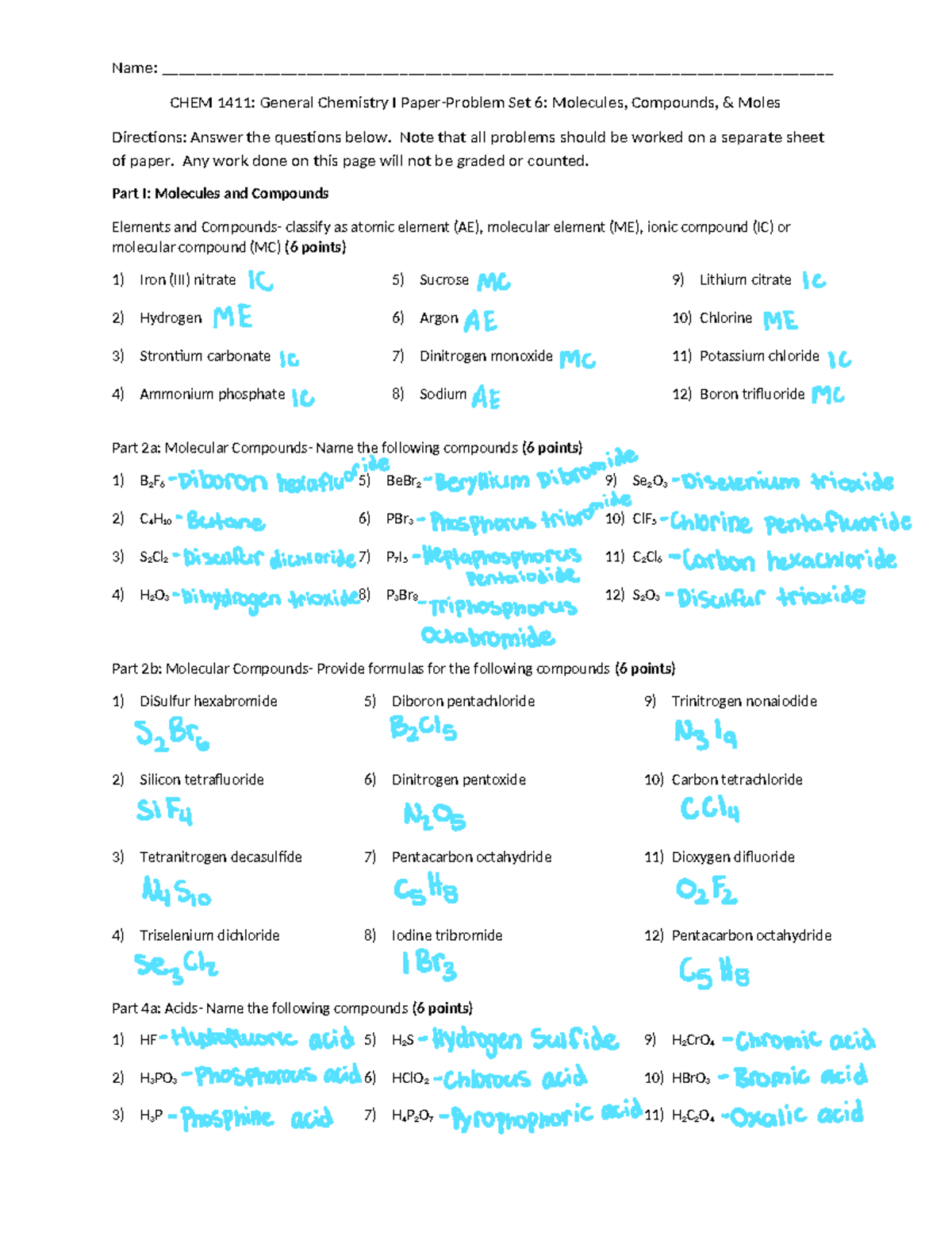 CHEM 1411: General Chemistry I Problem Set 6 - Molecules & Compounds ...