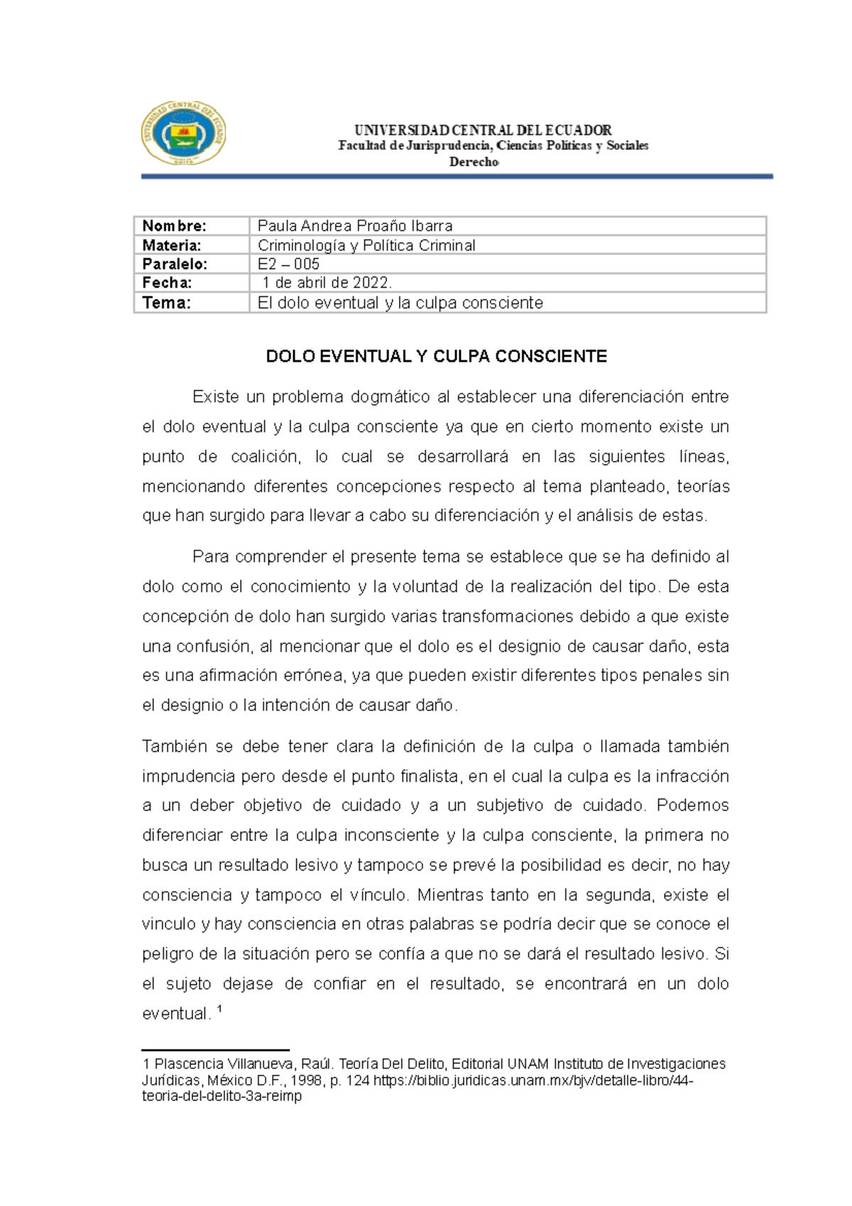 DOLO Eventual Y Culpa Consciente - Nombre: Paula Andrea Proaño Ibarra ...