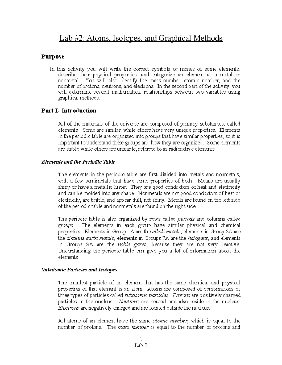 Chem Lab 2 - lab work - Lab #2: Atoms, Isotopes, and Graphical Methods ...