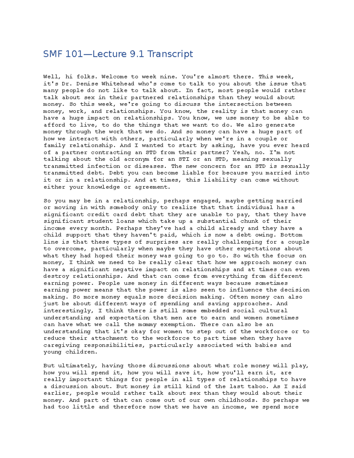 SMF 101 Families and Relationships Course - Week Nine Lecture Transcript - SMF 101—Lecture 9 ...