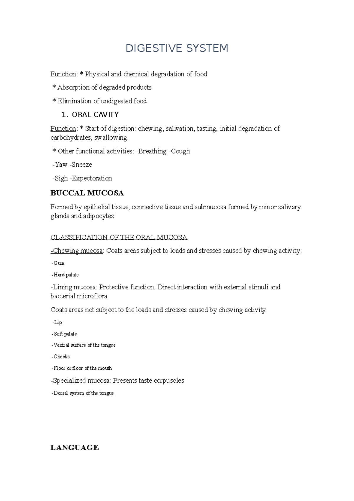 Lesson 10 - Lecture notes 10 - DIGESTIVE SYSTEM Function: * Physical ...