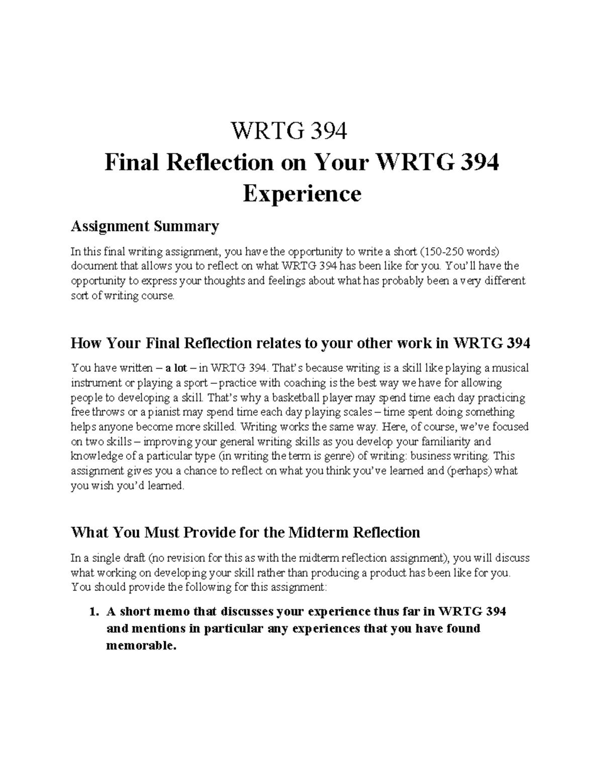 Final Reflection Lbgwrtg 3394 - WRTG 394 Final Reflection on Your WRTG 394 Experience Assignment ...