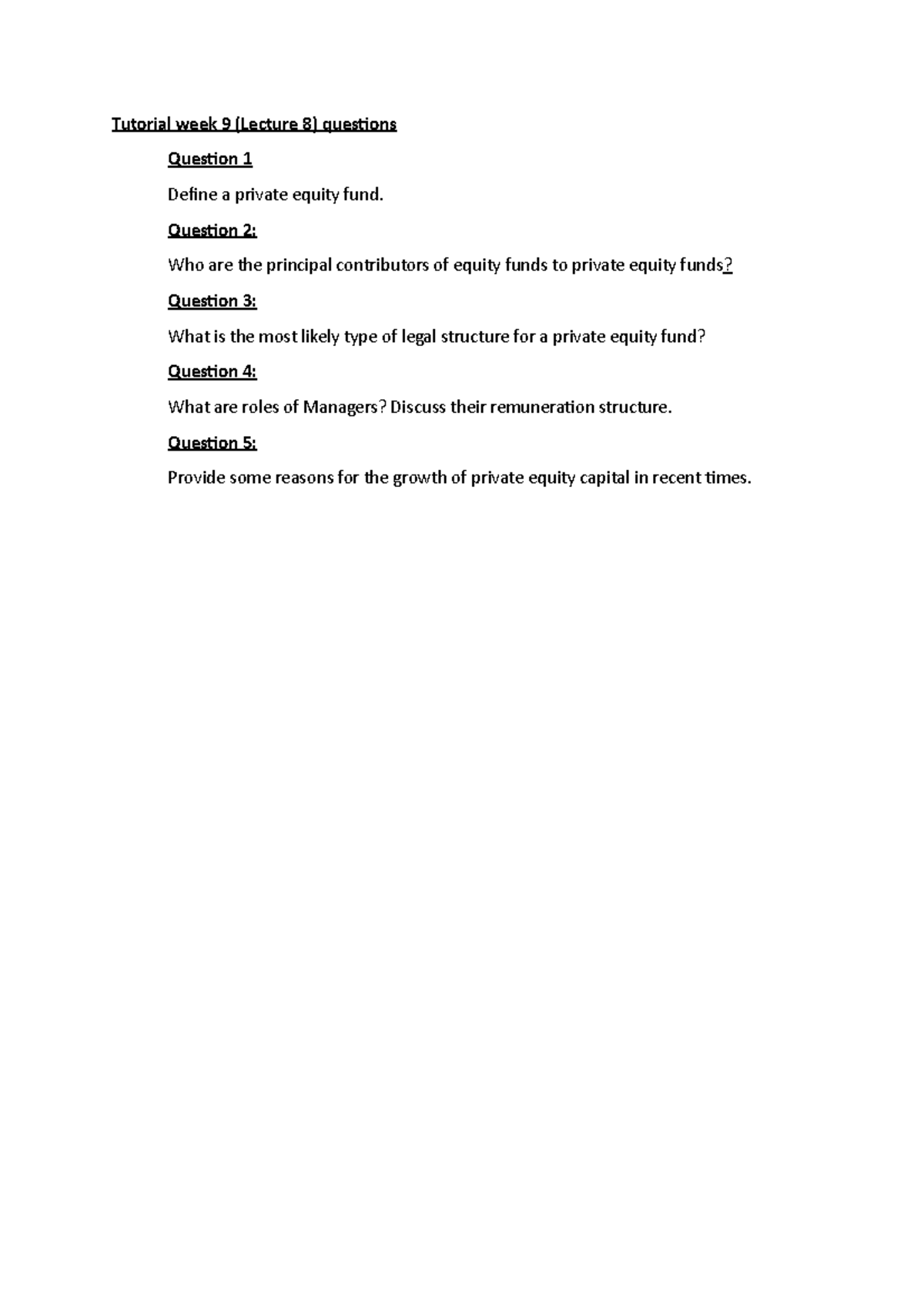 BFF3351 Tute 9 questions S2 2021 - Tutorial week 9 (Lecture 8) questions Question 1 Define a ...