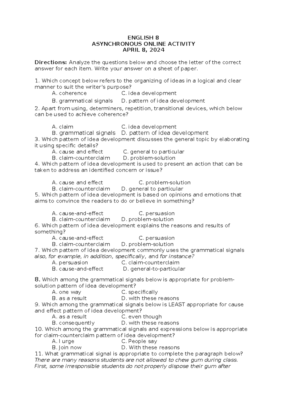 ENG 8 Asynchronous Activity - ENGLISH 8 ASYNCHRONOUS ONLINE ACTIVITY APRIL 8, 2024 Directions ...