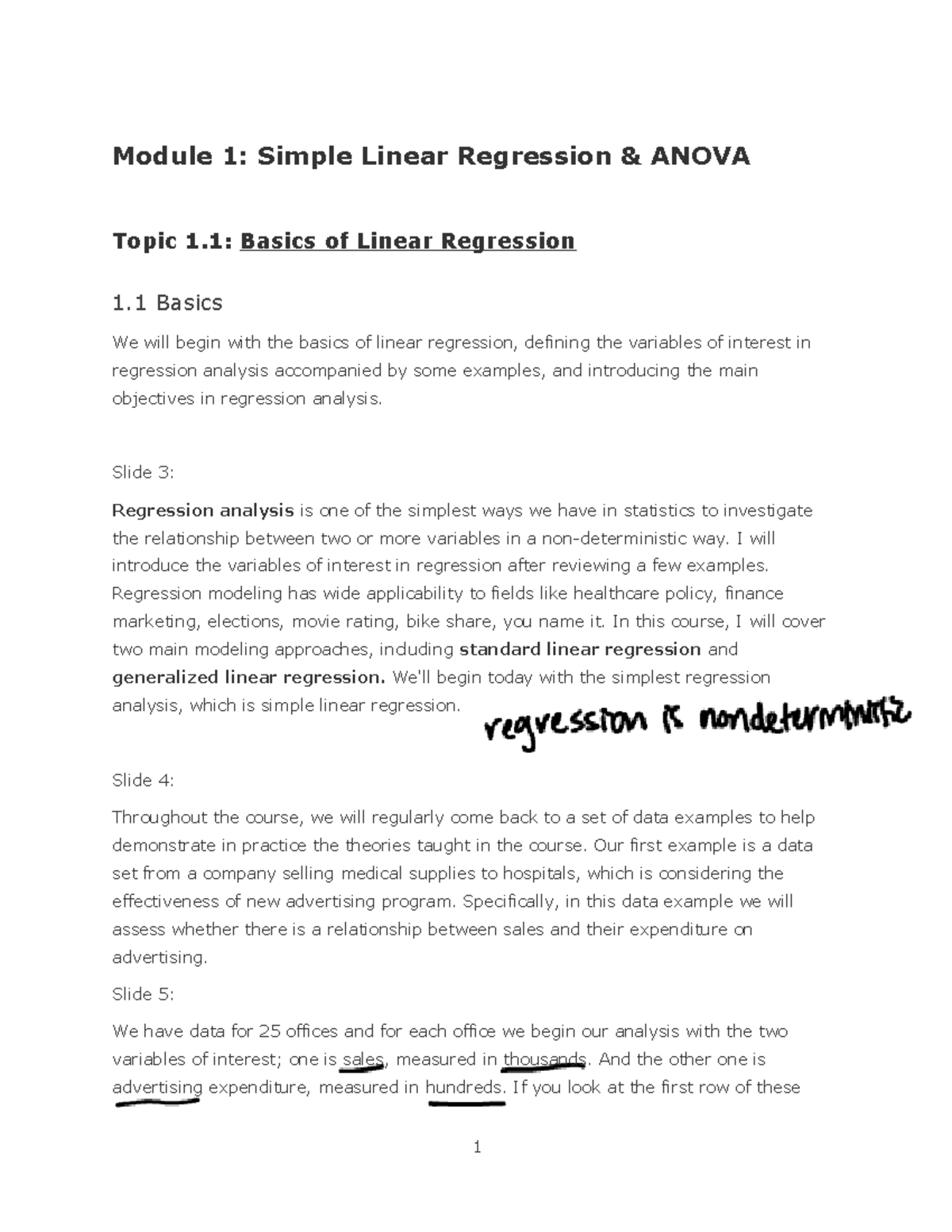 Module 1 Transcripts - Module 1: Simple Linear Regression & ANOVA Topic 1: Basics of Linear ...