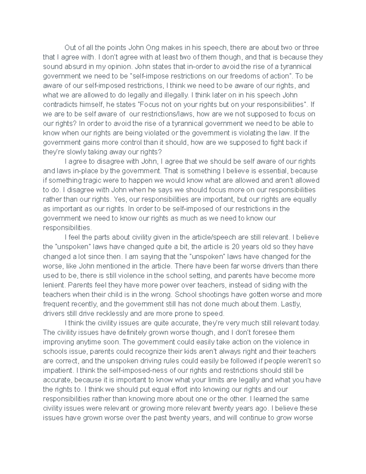 Writing Prompt #1 - Out of all the points John Ong makes in his speech ...