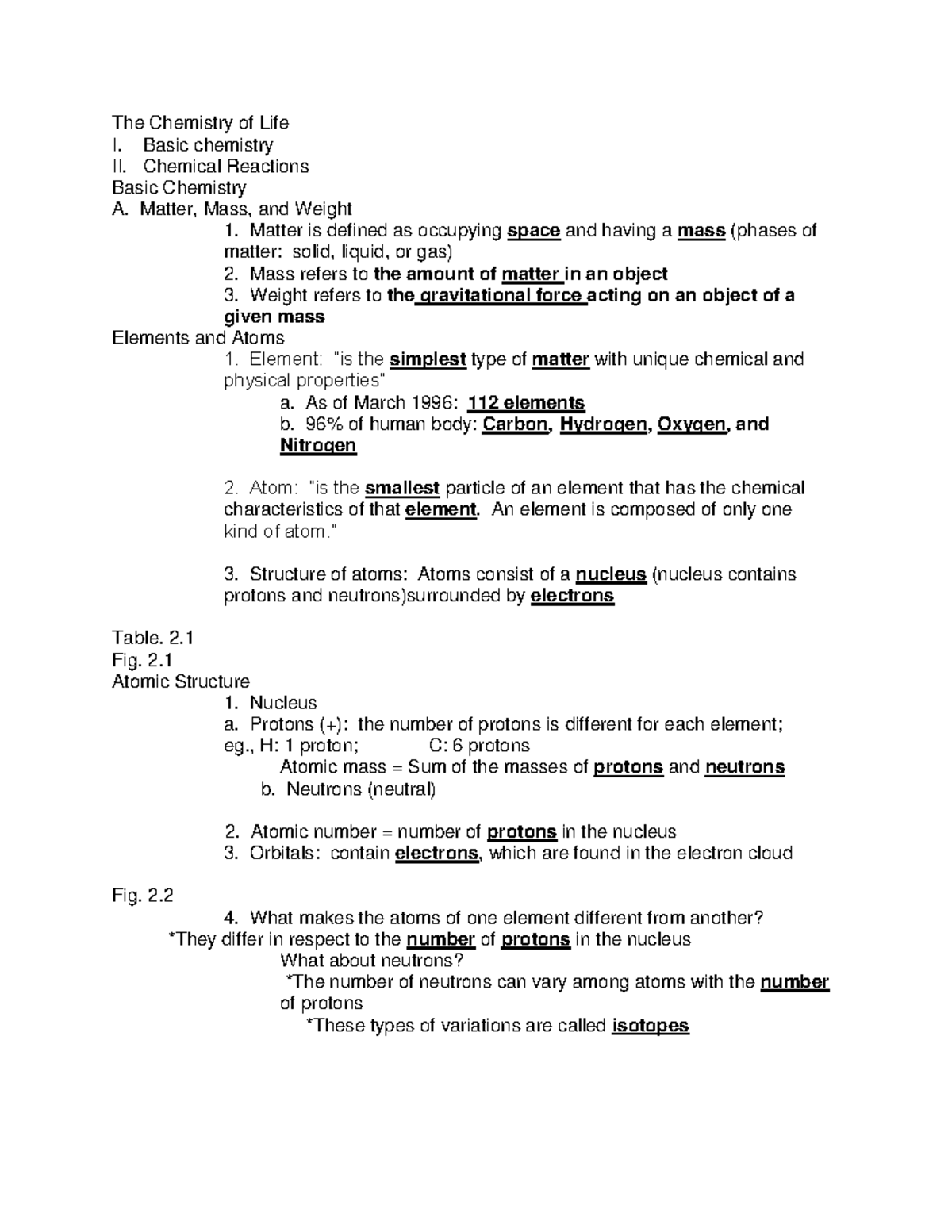 BIOL109 Ch2A Lecture notes - The Chemistry of Life I. Basic chemistry ...
