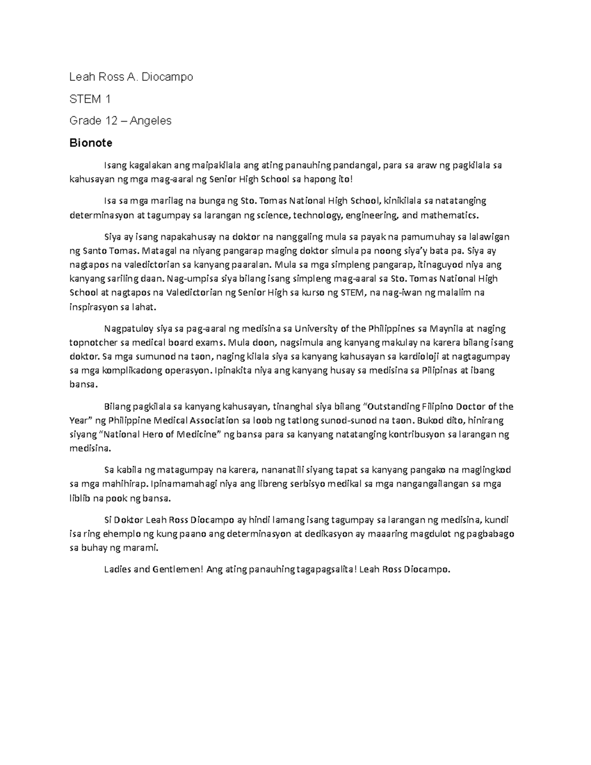 Bionote no1 final - Leah Ross A. Diocampo STEM 1 Grade 12 – Angeles ...