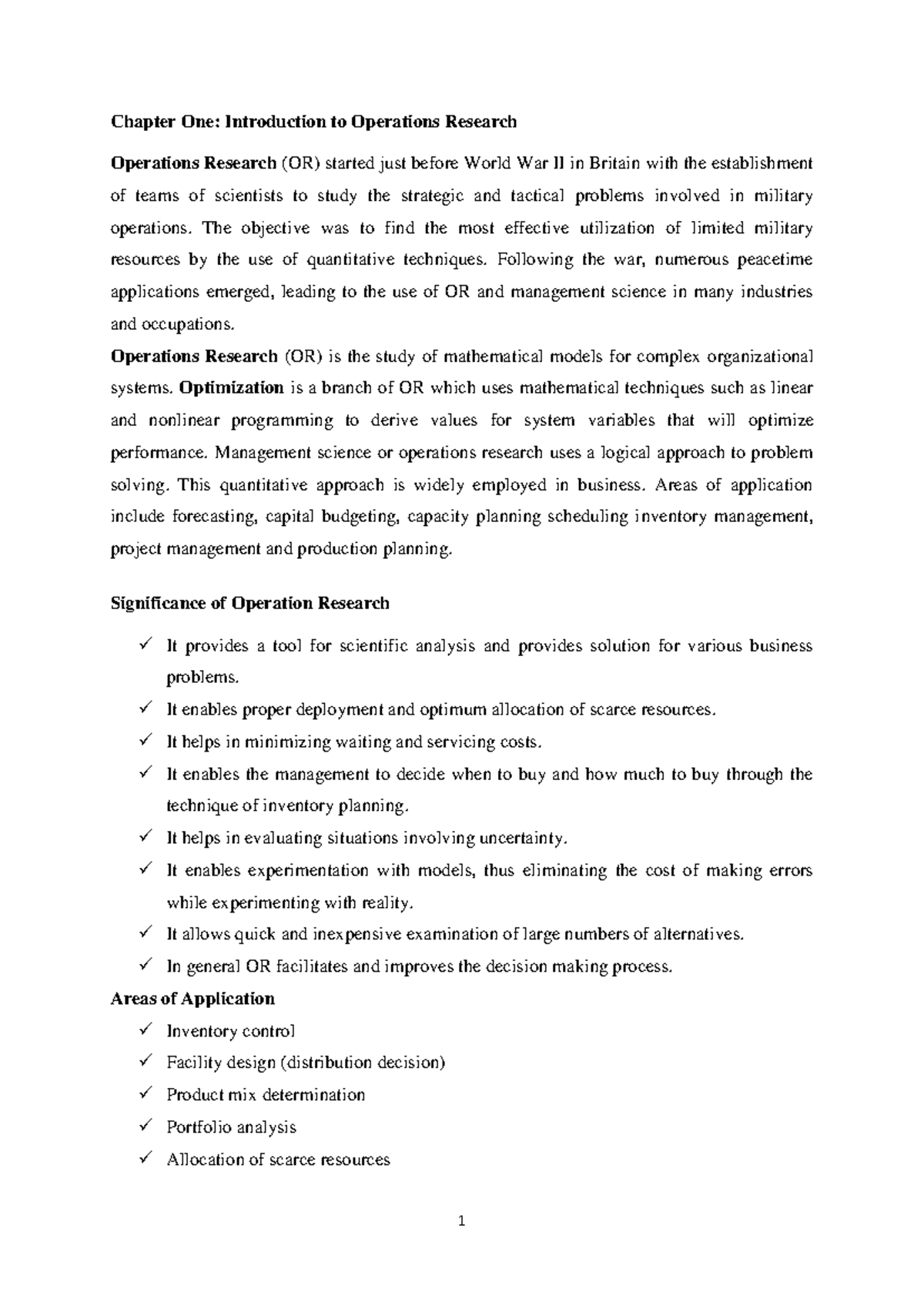 Operations research handout - Chapter One: Introduction to Operations ...
