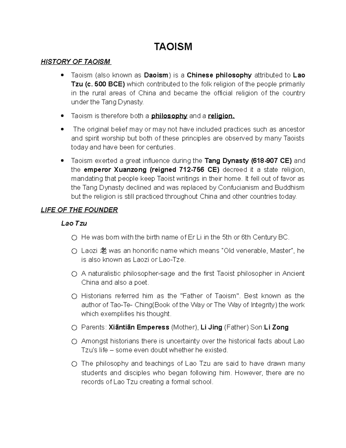 Religion - Taoism - TAOISM HISTORY OF TAOISM Taoism (also known as ...