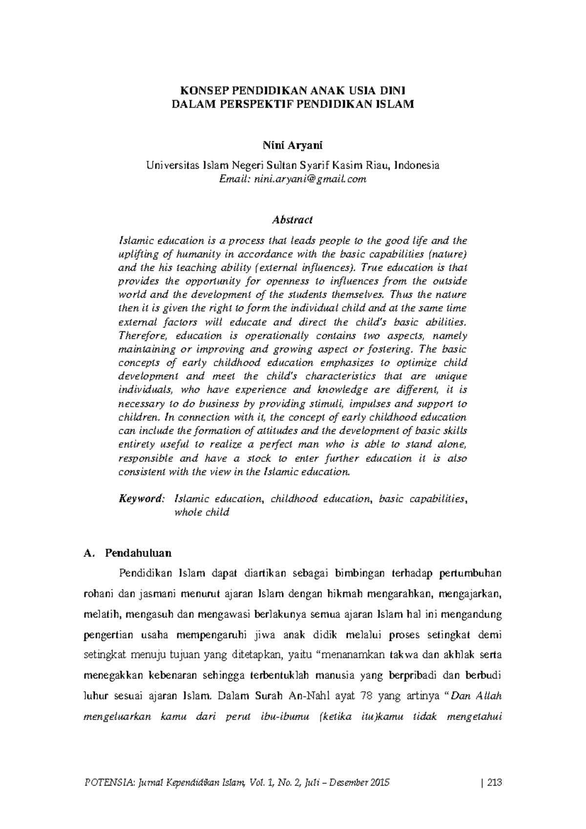 Konsep Pendidikan anak Usia Dini - POTENSIA: Jurnal Kependidikan Islam, Vol. 1, No. 2, Juli ...