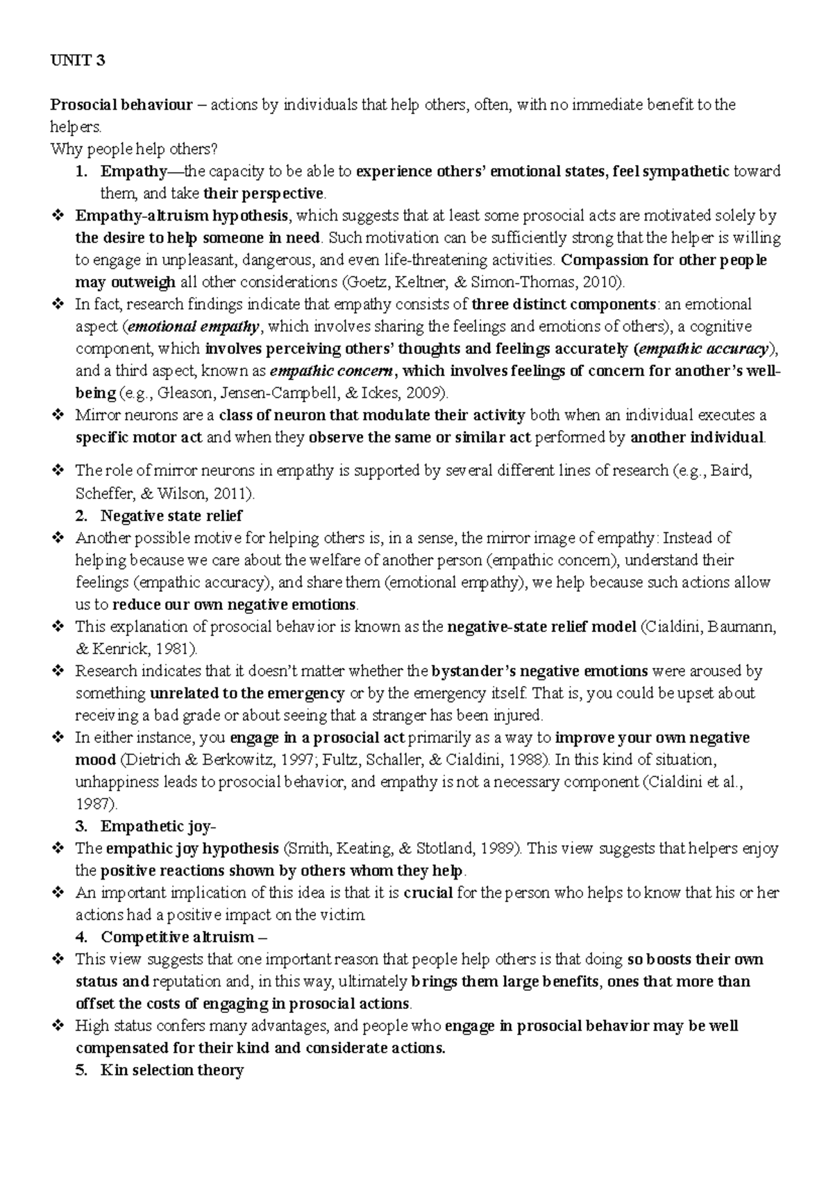 Soc psych unit 3 - summary of unit 3 - UNIT 3 Prosocial behaviour ...