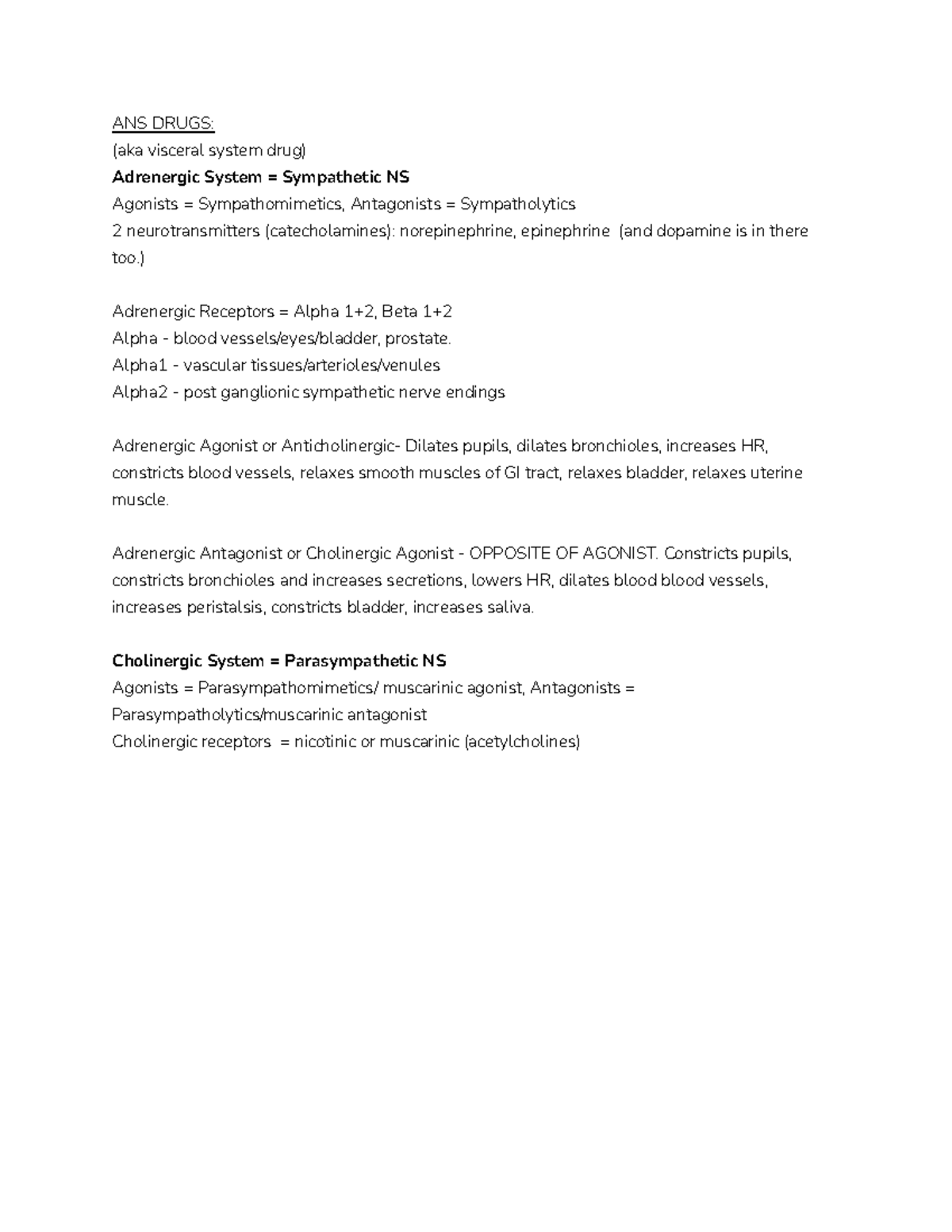 Drug class + action - This is a study guide I made for exam 1 - ANS ...