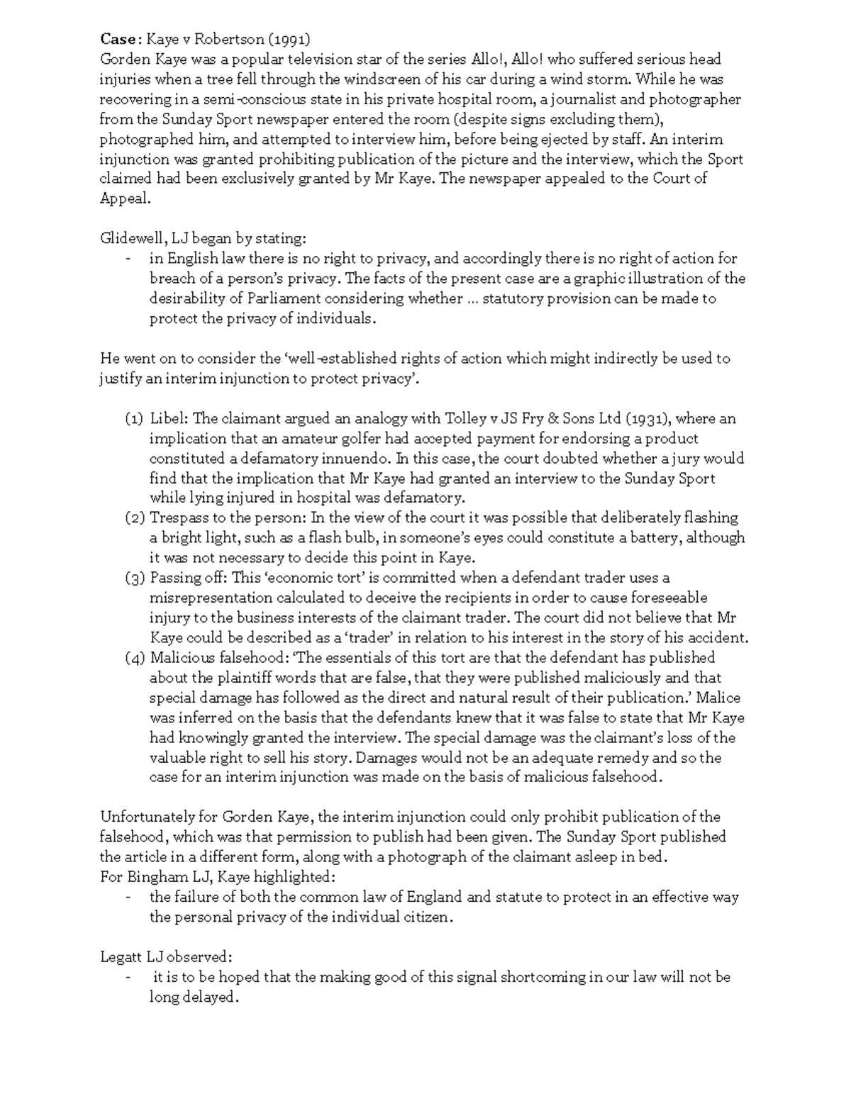 Kaye v Robertson, case facts, the legal principle, how to apply - Case ...