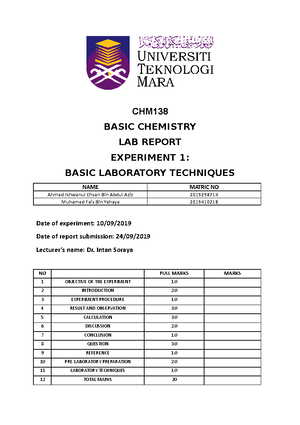 Lab report CHM138 experiment 6 - LAB REPORT CHM 138 BASIC CHEMISTRY EXPERIMENT 6: REDOX - Studocu