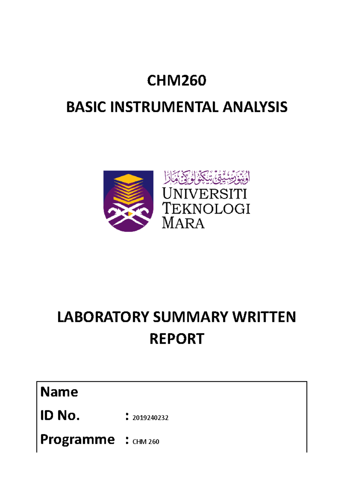 LAB Report CHM260 EXP 1 - Applied Sciences - UiTM - Studocu