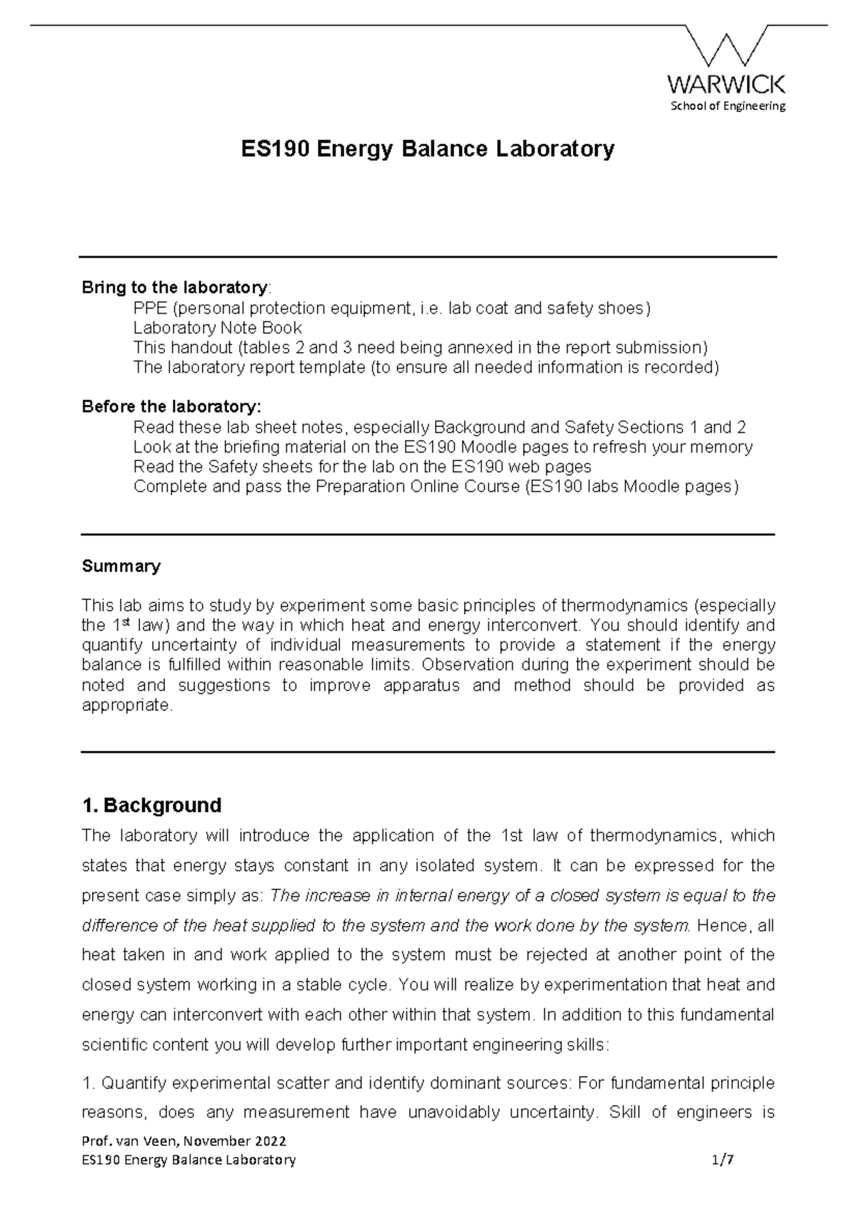 ES190 Energy balance - Lab sheet - School of Engineering Prof. van Veen ...