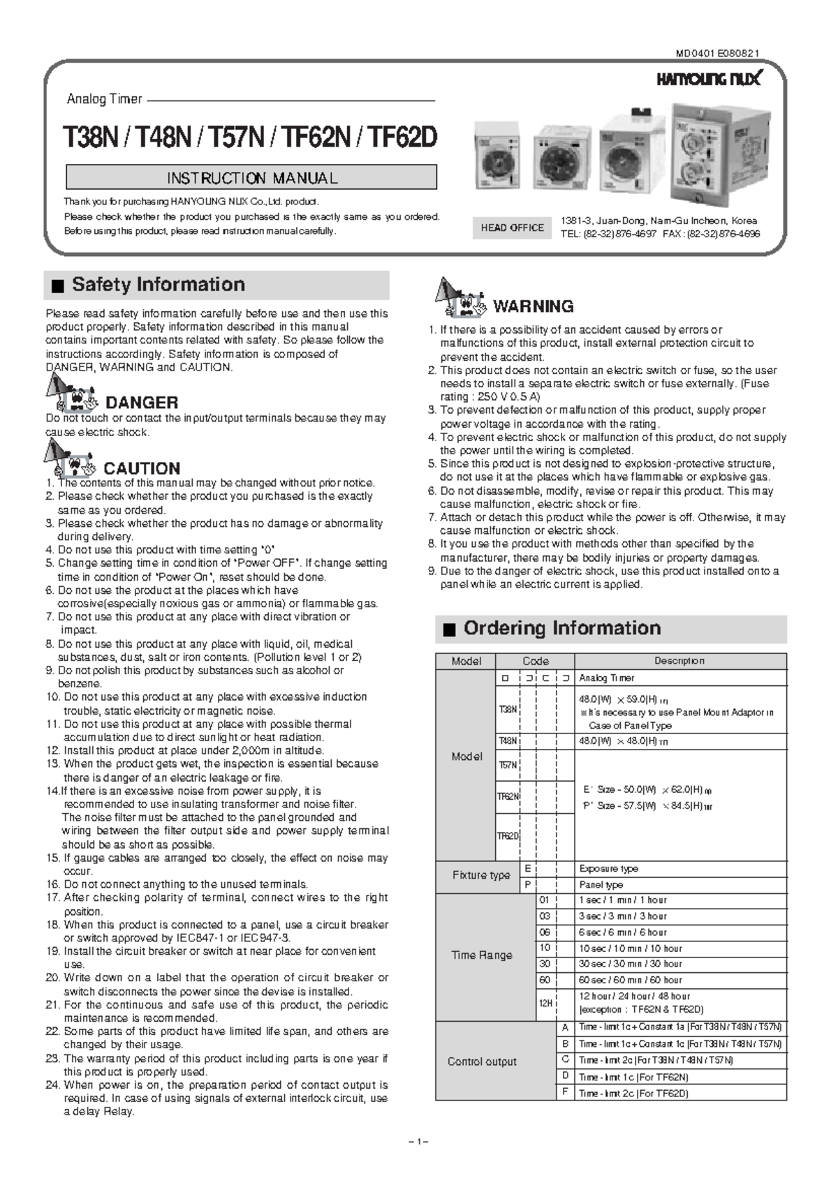 Manual T38N T48N T57N TF62N TF62D - Model Code Description Analog Timer ...