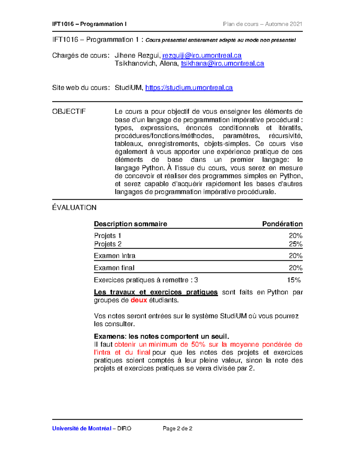 Plan De cours IFT 1016 - IFT1016 - UdeM - Studocu