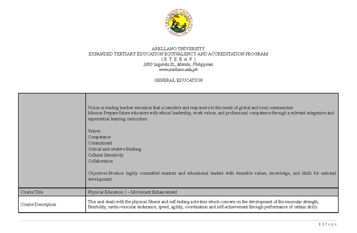 Eteeap Module in PE 1 Autosaved - ARELLANO UNIVERSITY EXPANDED TERTIARY ...