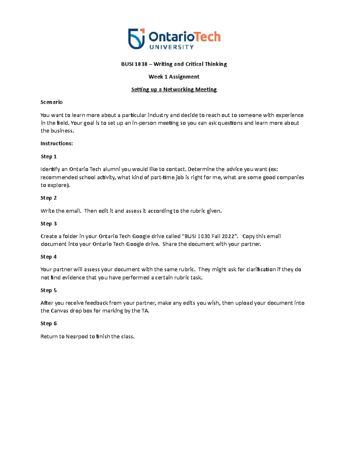 Week 1 assignment (Setting up a Networking Meeting) - BUSI 1030 ...