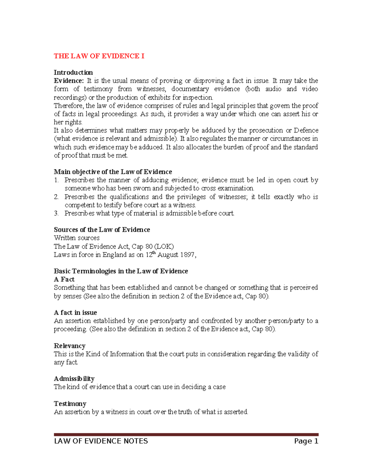 Attachment - law - THE LAW OF EVIDENCE I Introduction Evidence: It is ...