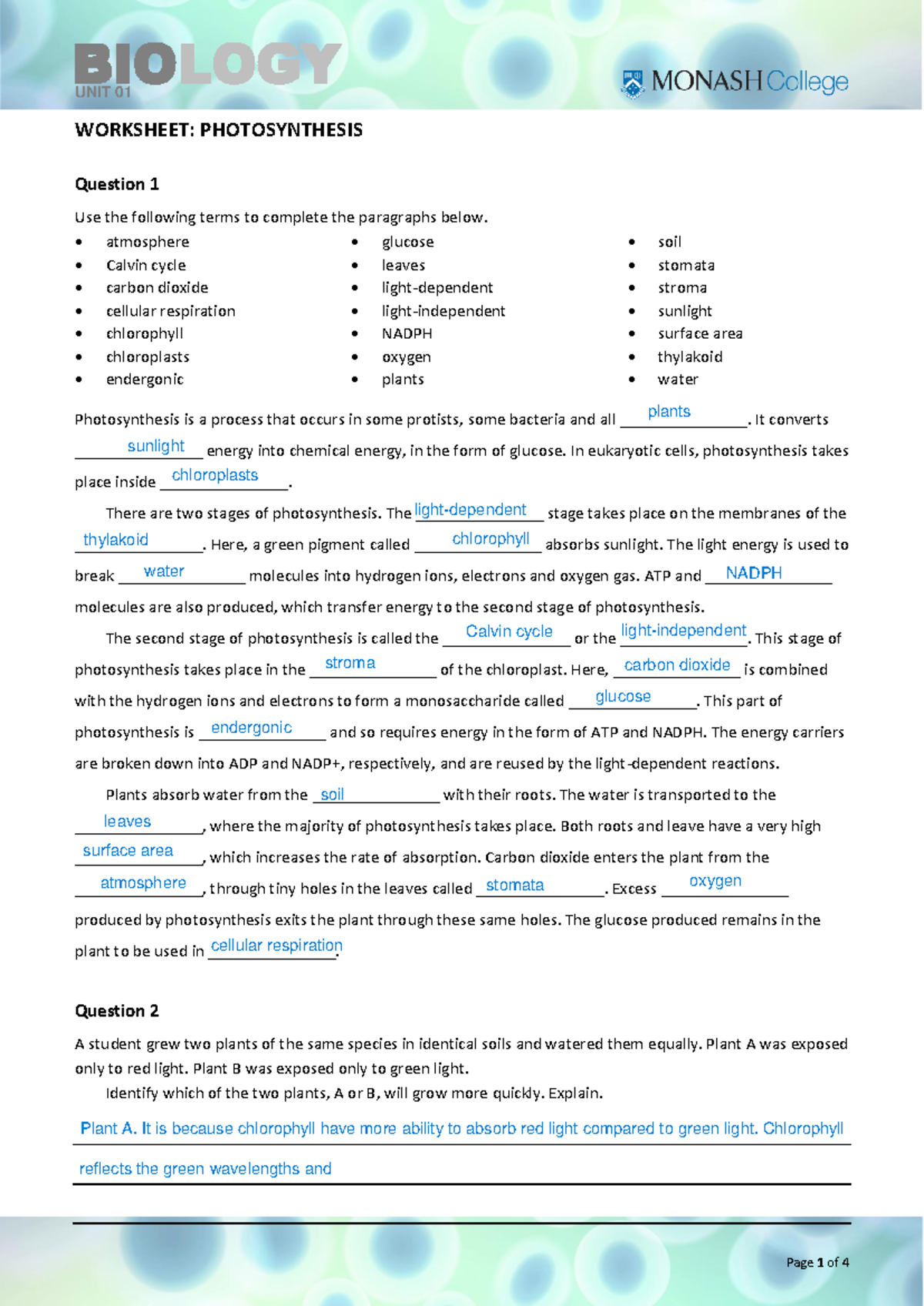 Photosynthesis Worksheet - 1 BIOLOGY UNIT 0 1 WORKSHEET: PHOTOSYNTHESIS ...
