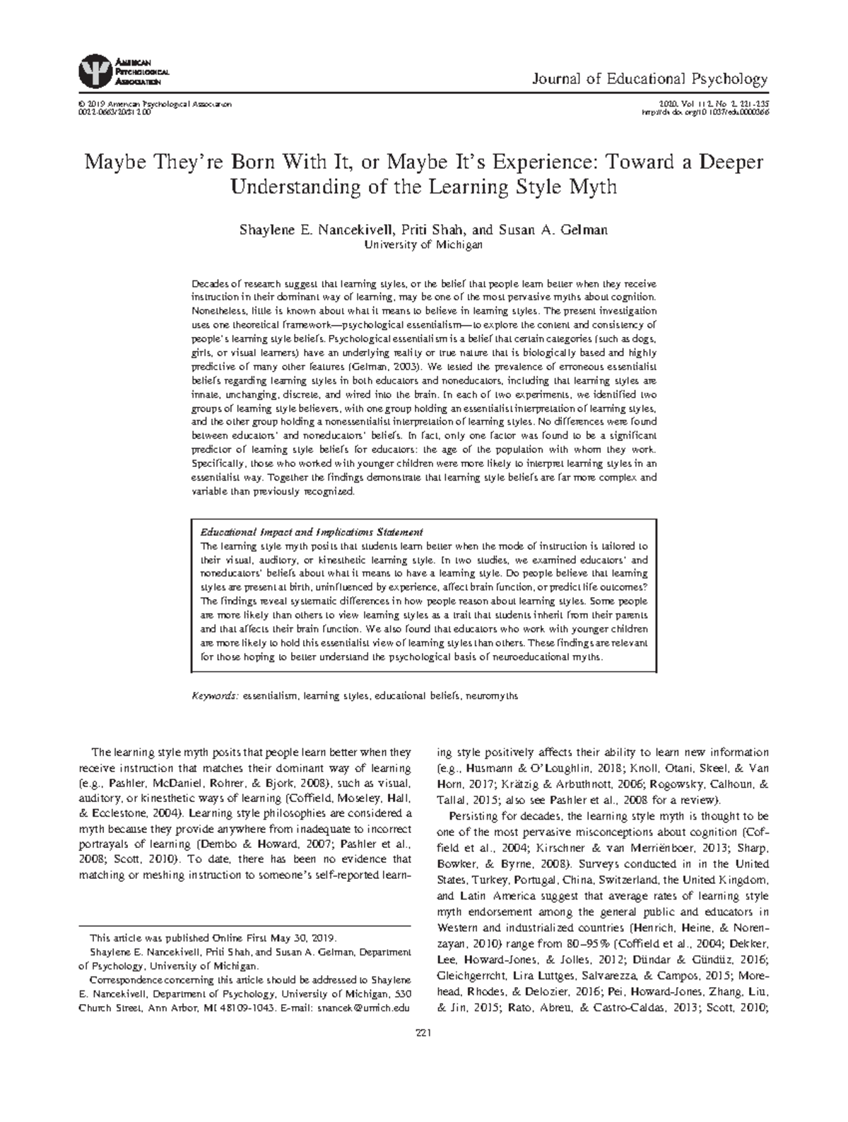 Toward a Deeper Understanding - Nancekivell, Priti Shah, and Susan A ...