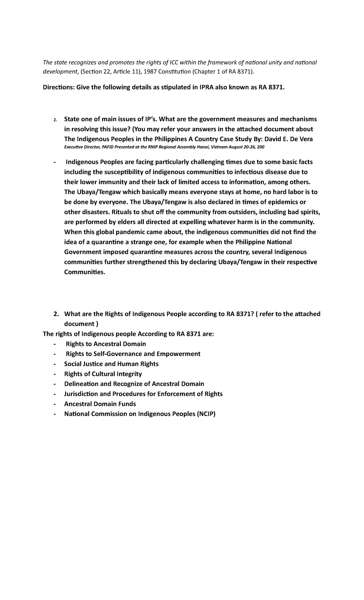 IPRA LAW or RA 8371 - IPRA LAW - The state recognizes and promotes the ...