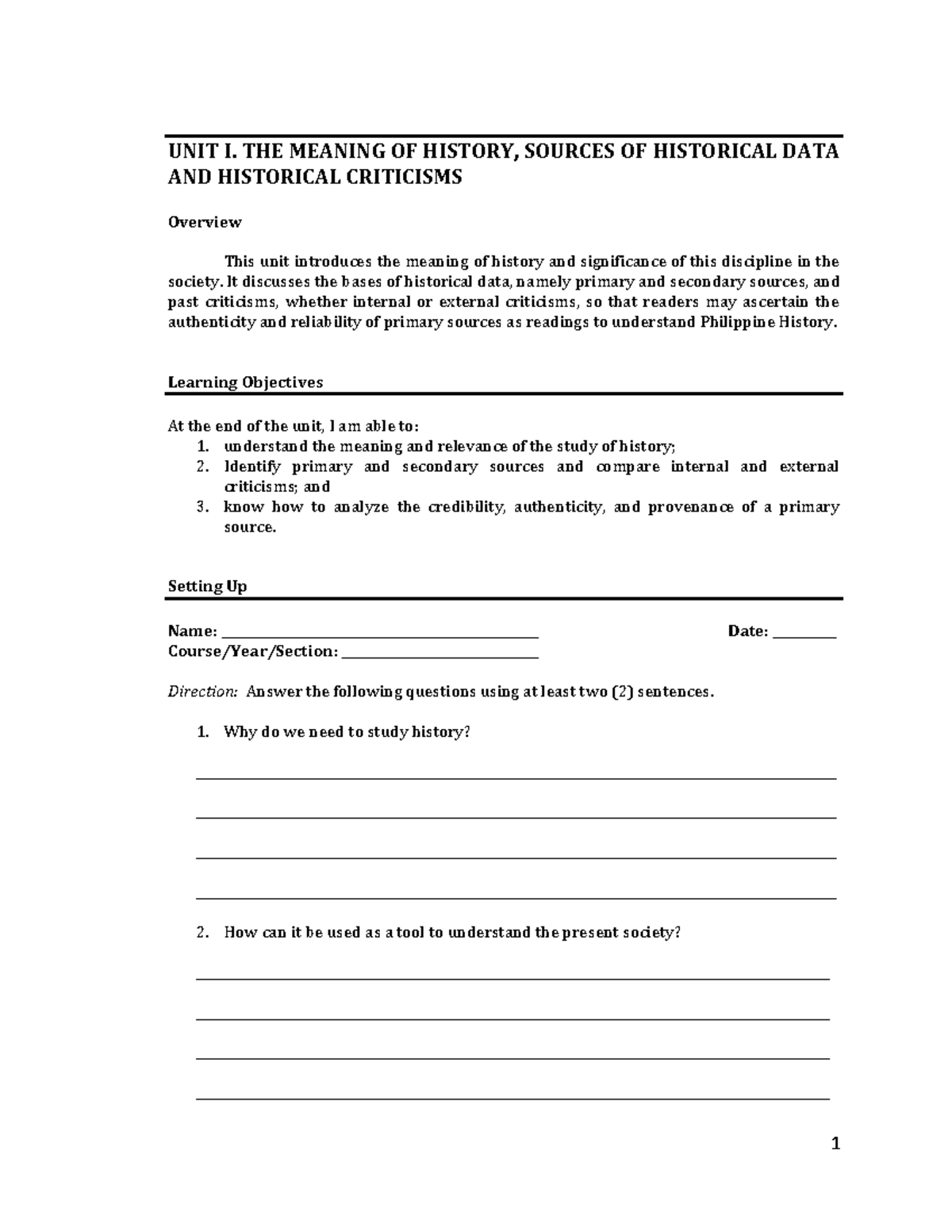 Gened 2 Readings IN Philippine History Module - UNIT I. THE MEANING OF ...