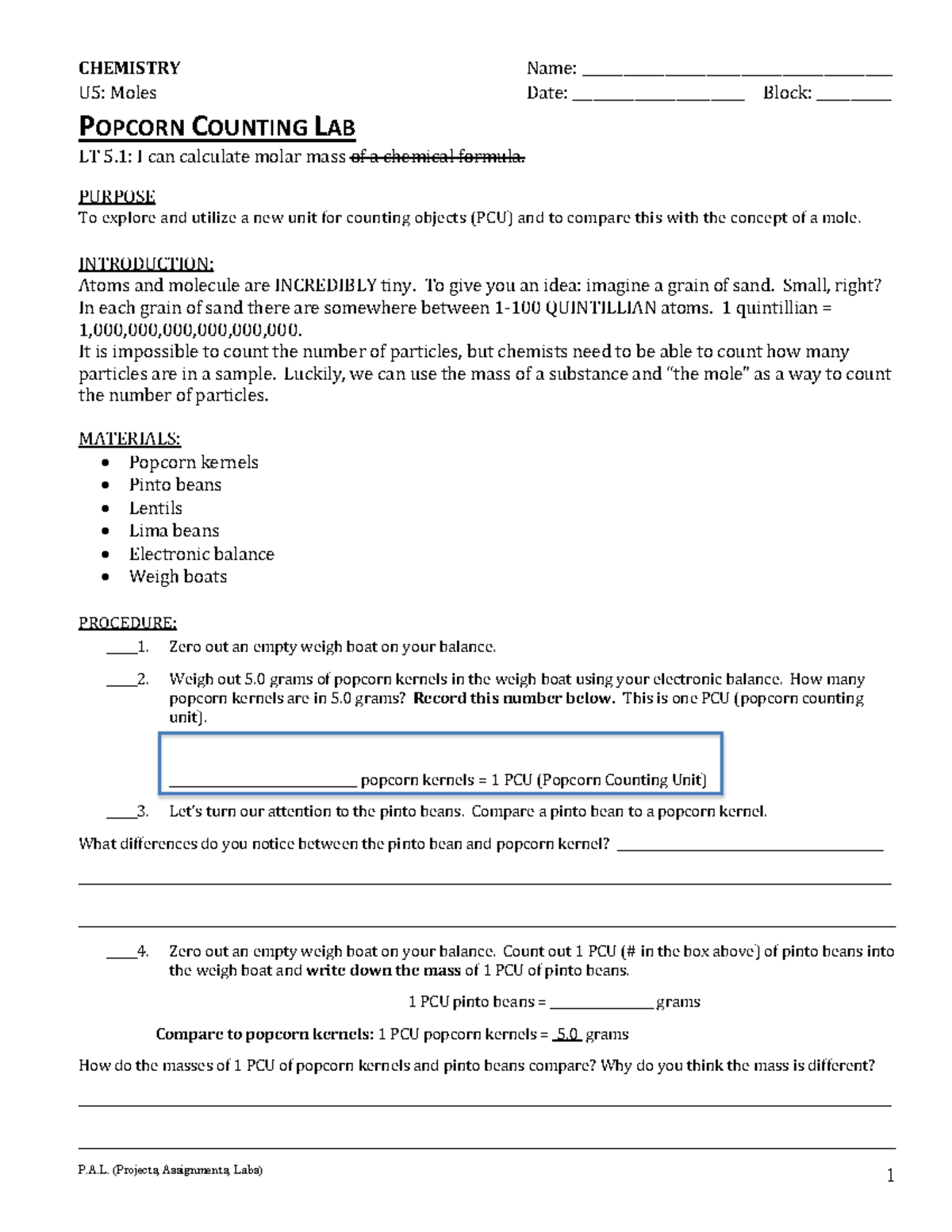 Popcorn Counting Lab - lab - P.A. (Projects, Assignments, Labs) 1 ...