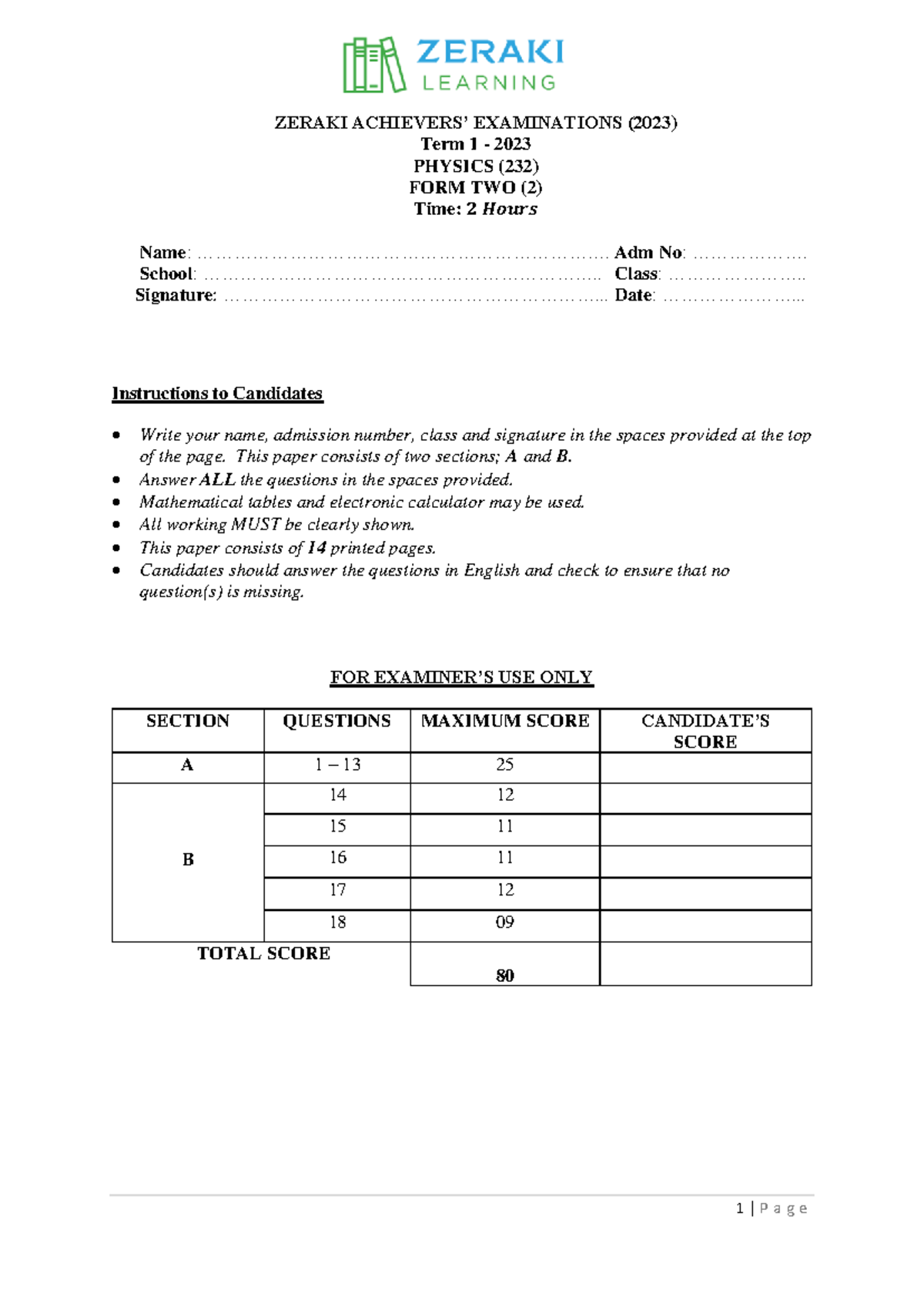 Physics Form 2 Question Paper Zeraki Achievers 9.0 - April 2023 ...