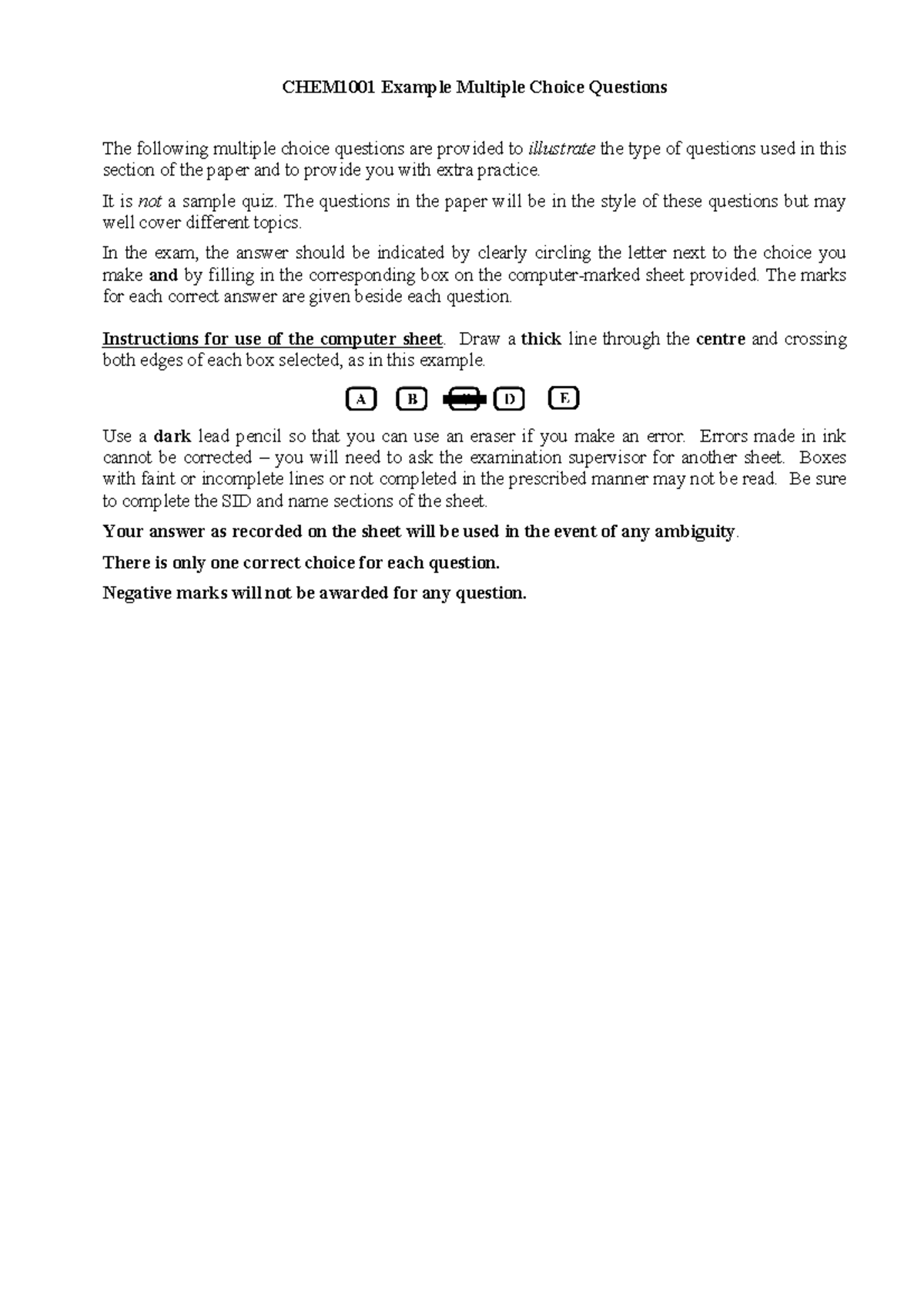 Chemistry Assignment Example Multiple Choice Examples - CHEM1001 ...