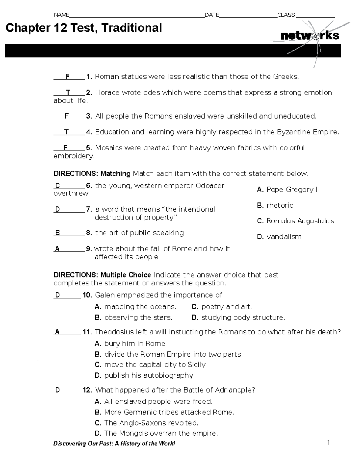 Ch 12 test- Roman Civilization - Chapter 12 Test, Traditional Roman ...